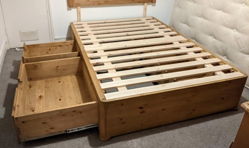solid pefc pine wood bed with drawers handmade in the UK.